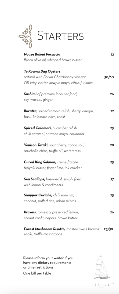 Menu - Sails Restaurant